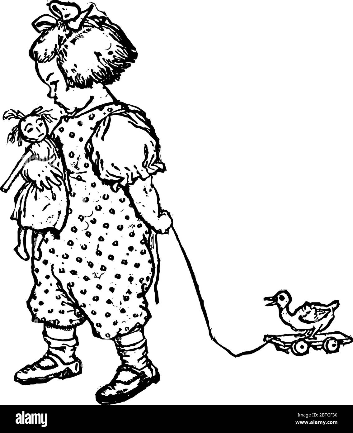 Toddler pulling a toy and holding a doll in her right hand, vintage ...