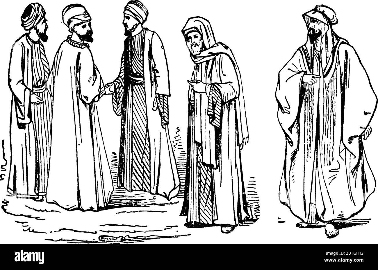 Five modern Syrian men with their outdoor costume, two of them are ...