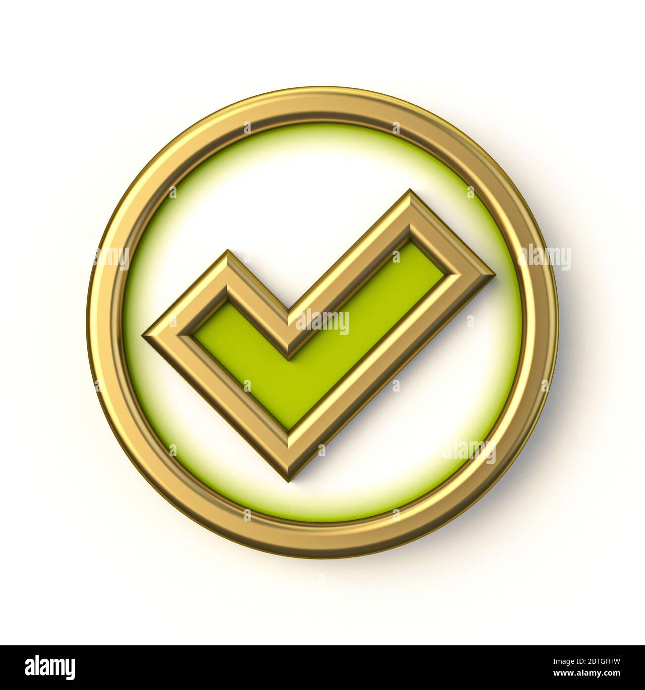 Golden green circle check mark 3D render illustration isolated on white ...