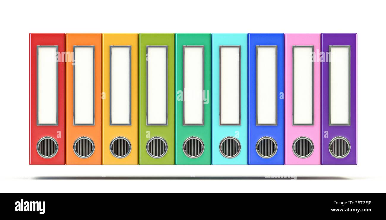 Multi colored office folders 3D render illustration isolated on white ...
