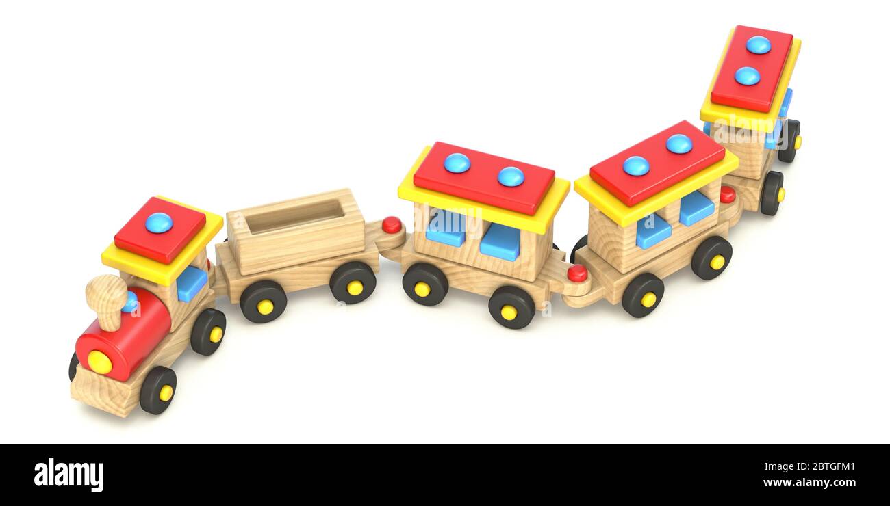 Wooden train toy 3D render illustration isolated on white background ...