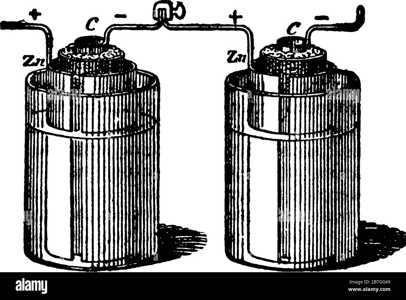 Two galvanic cells connected in series with connector, vintage line ...