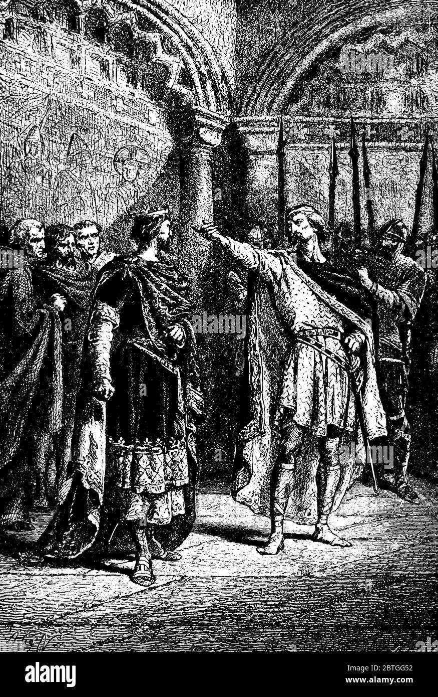 A King with group of people, vintage line drawing or engraving ...