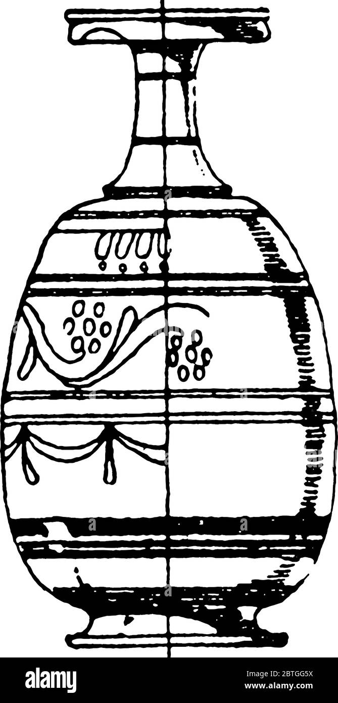 A small vessel with a painted clay design, vintage line drawing or ...