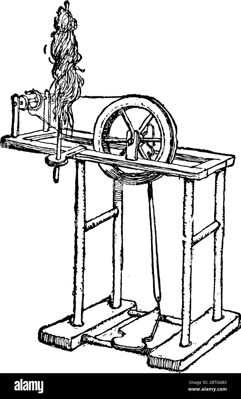 spinning wheel of early age, vintage line drawing or engraving ...