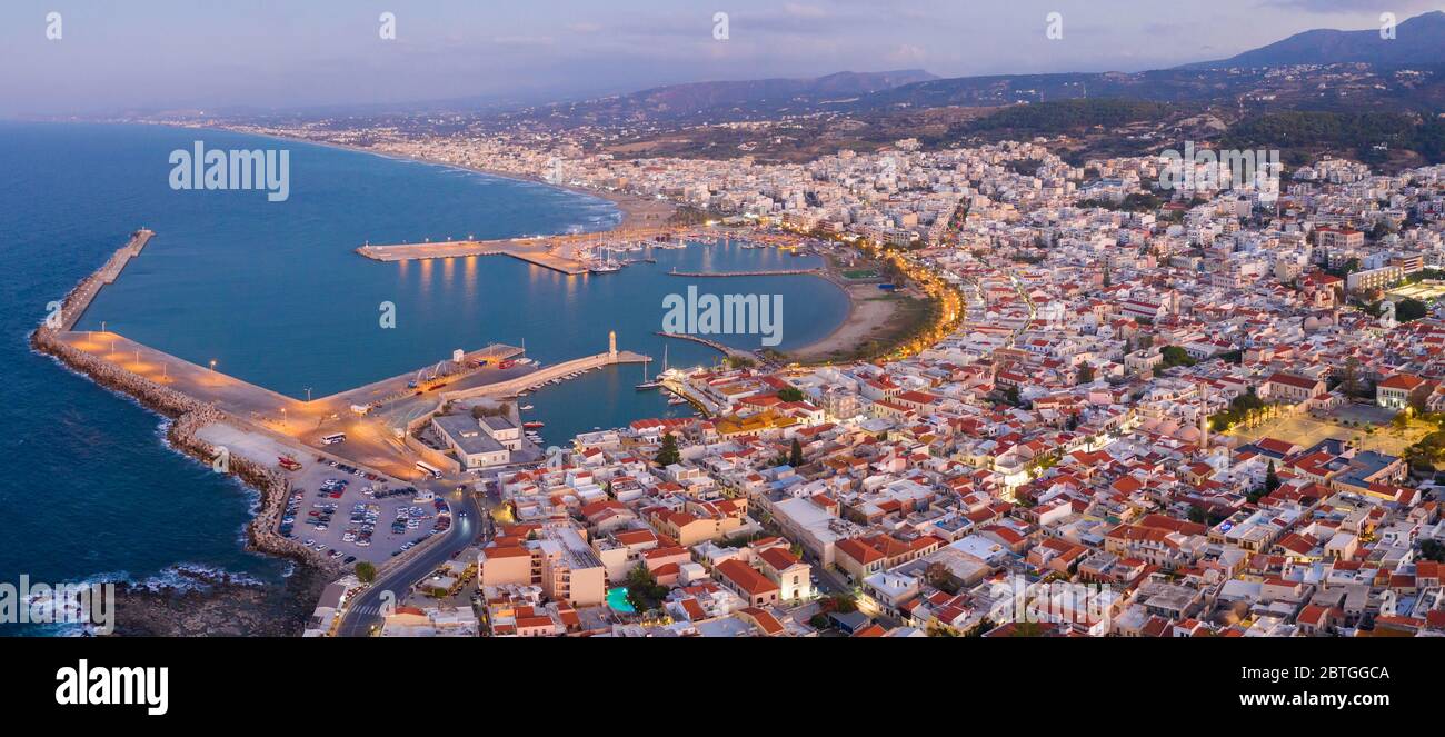 Aerial view of Rethymno city late in the afternoon in Crete, Greece ...