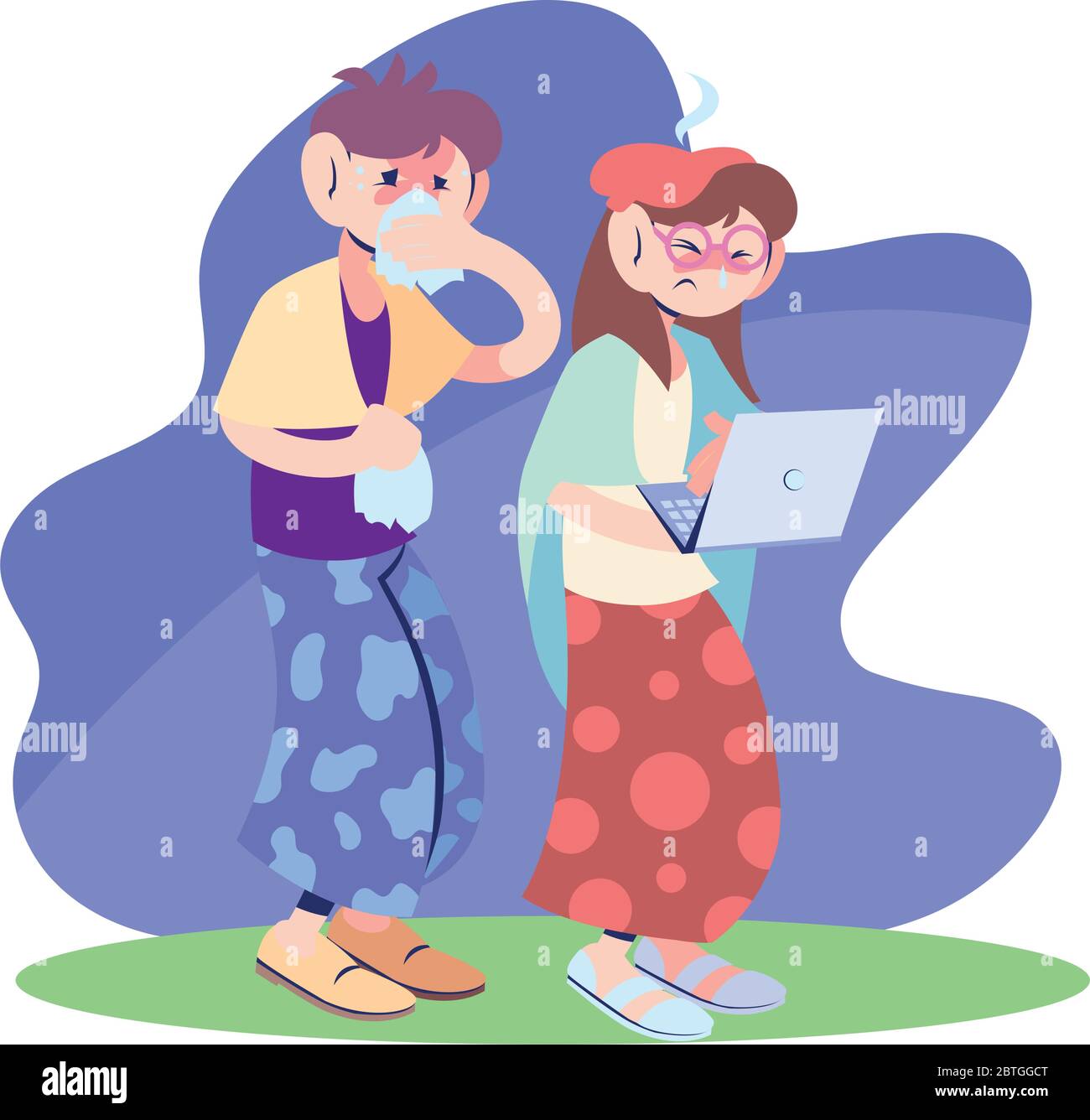 sick couple working on the computer vector illustration design Stock ...