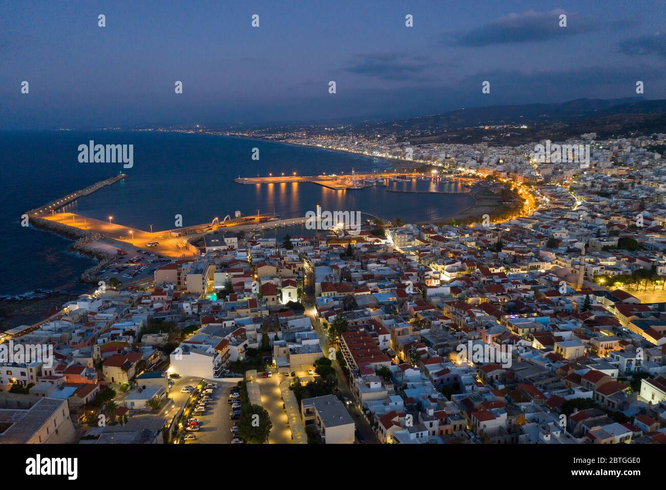 Aerial view of Rethymno city late in the afternoon in Crete, Greece ...