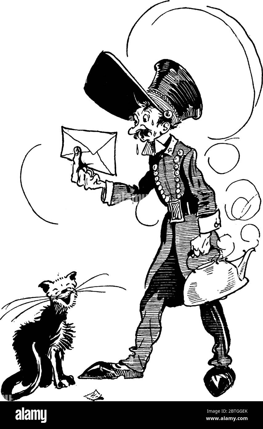 Cartoon showing image of a man standing, and a cat kettle near by ...