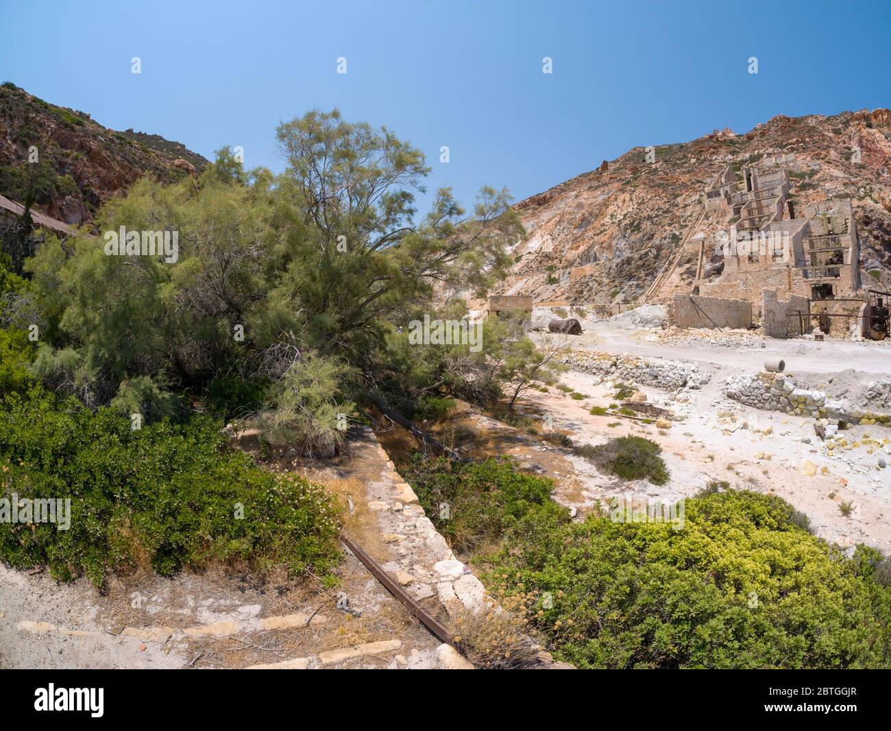 Abandoned old sulphur mines in Milos island, Greece Stock Photo - Alamy