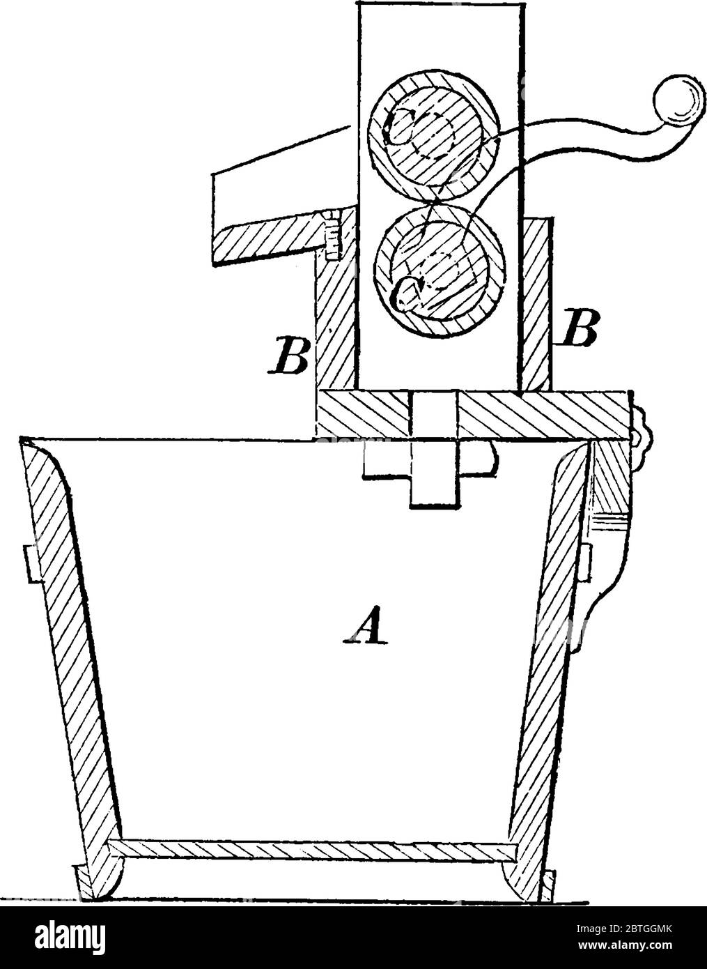 Diagram of an early style washing machine, vintage line drawing or ...