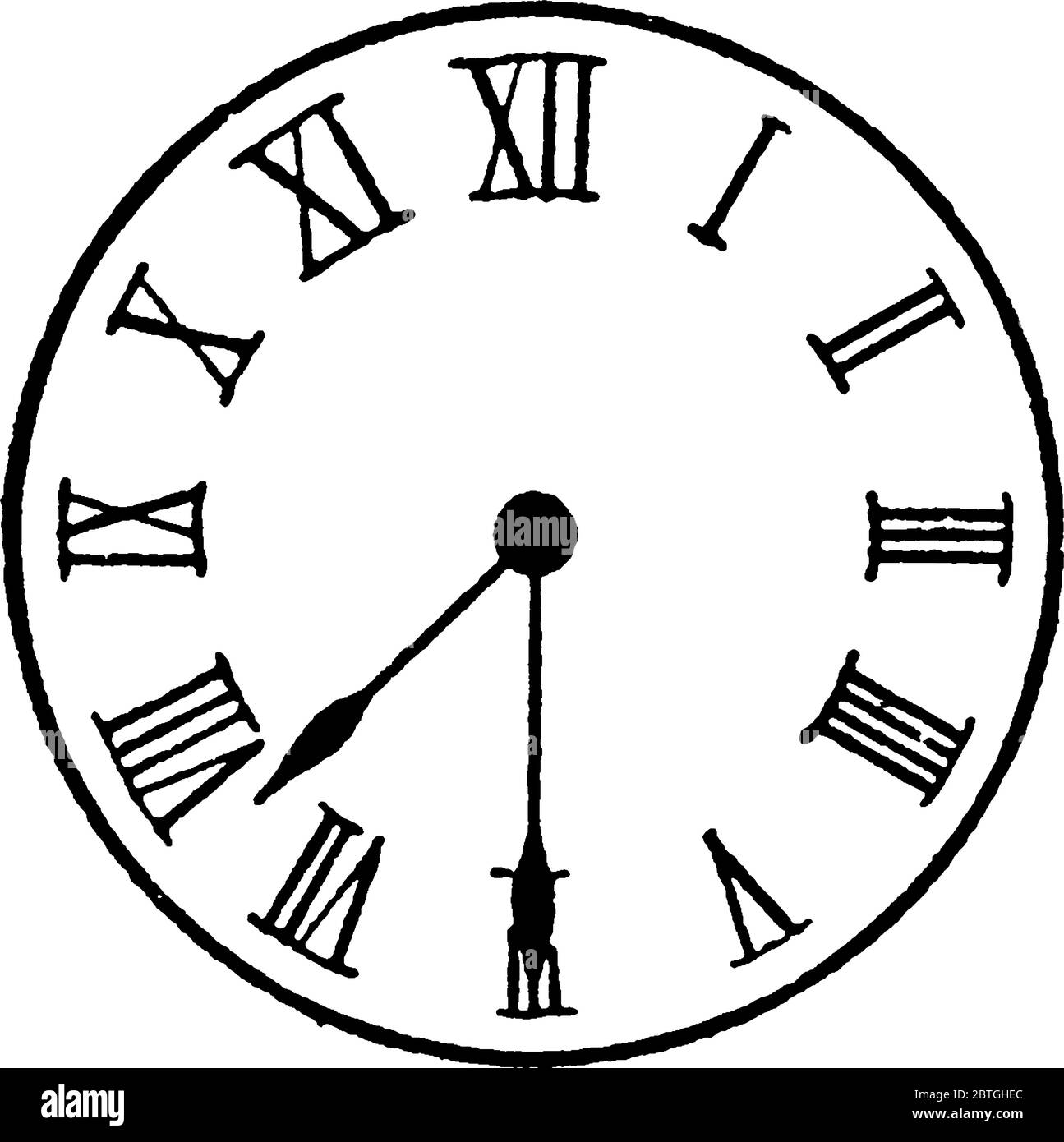 Figure showing analogue clock with roman numbers, and it's half past ...