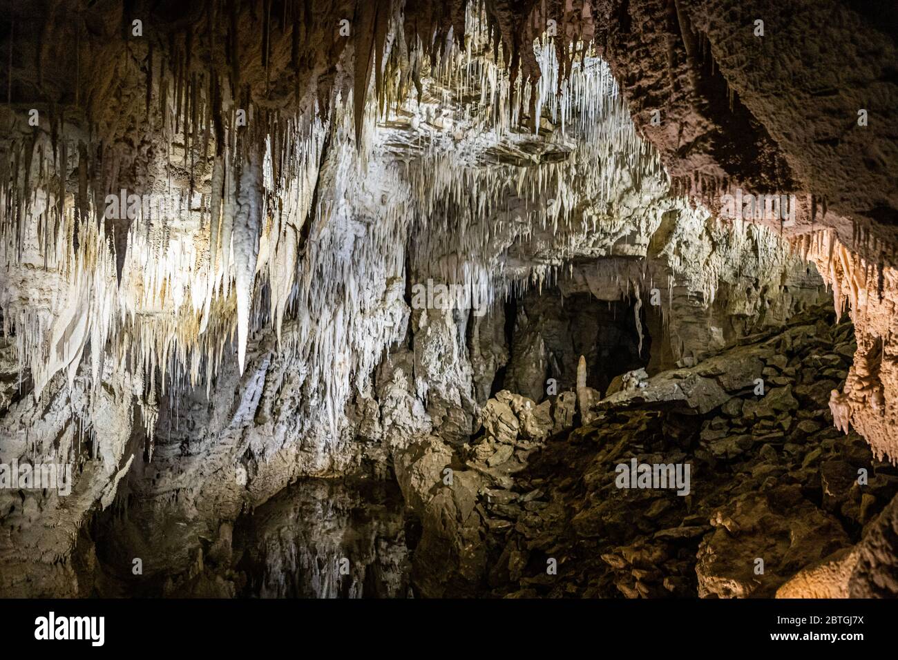 Limestone formations in Ruakari Cave in Waitomo, New Zeland Stock Photo ...