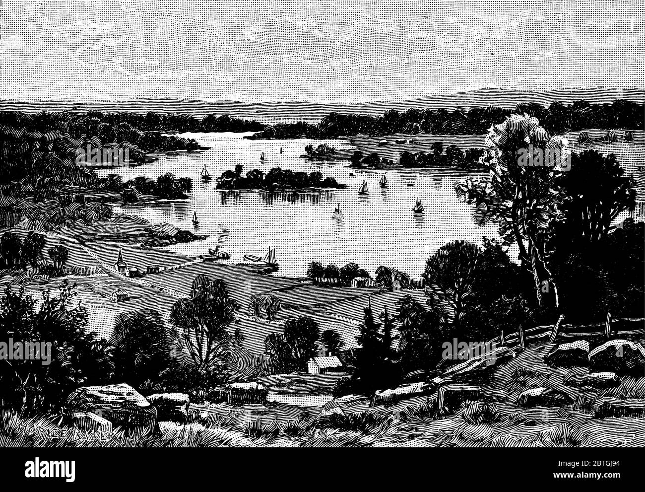 An image of a lake in a town, with boats passing through it, vintage ...