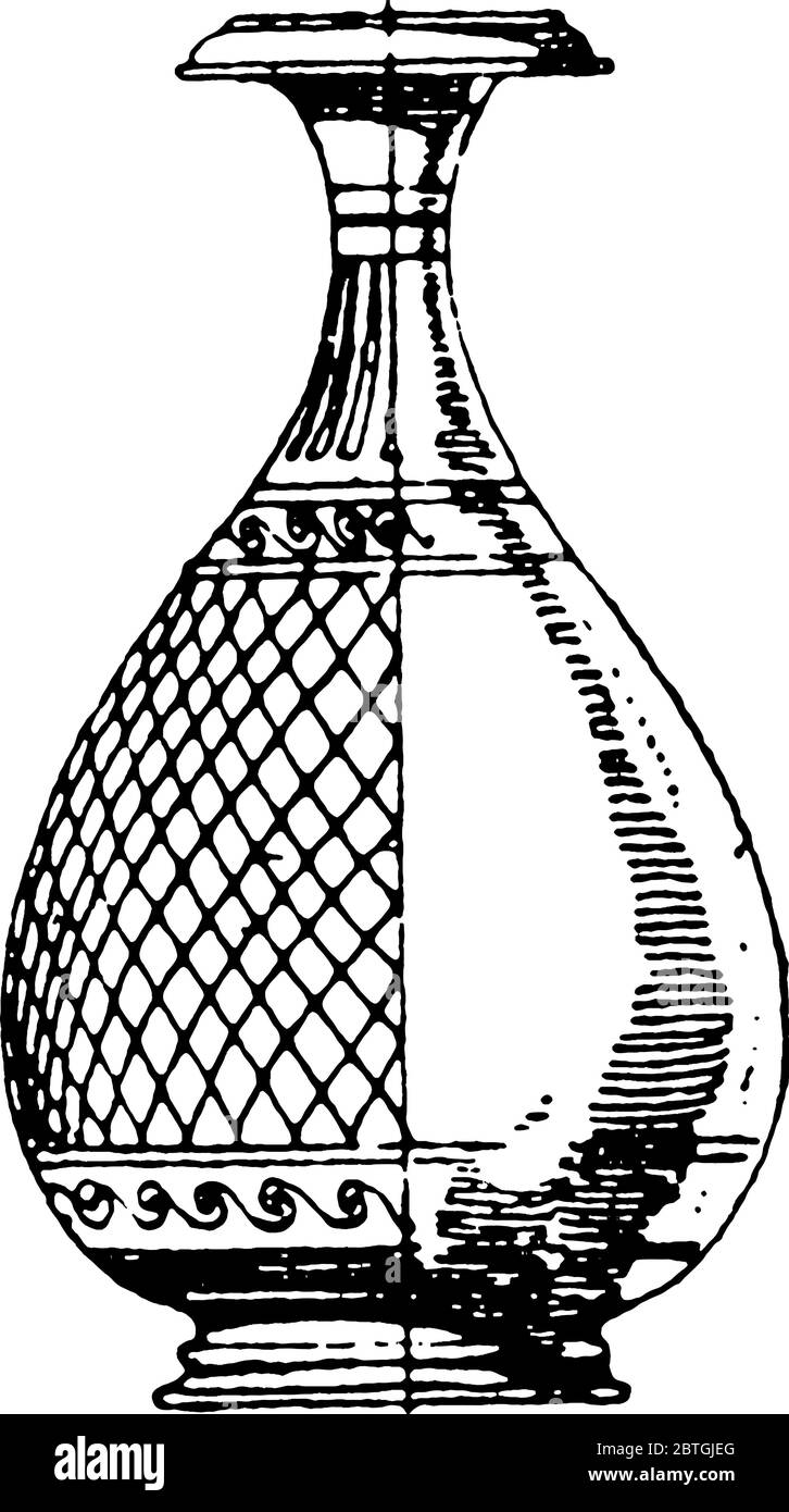 A small vessel with a painted clay design, vintage line drawing or ...