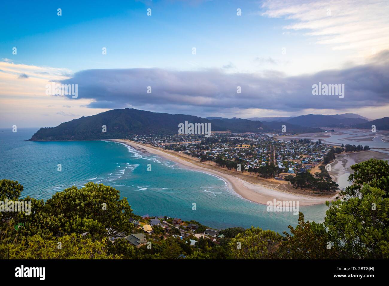Pauanui town beach at dusk viewed from the Mount Paku summit in Tairua ...