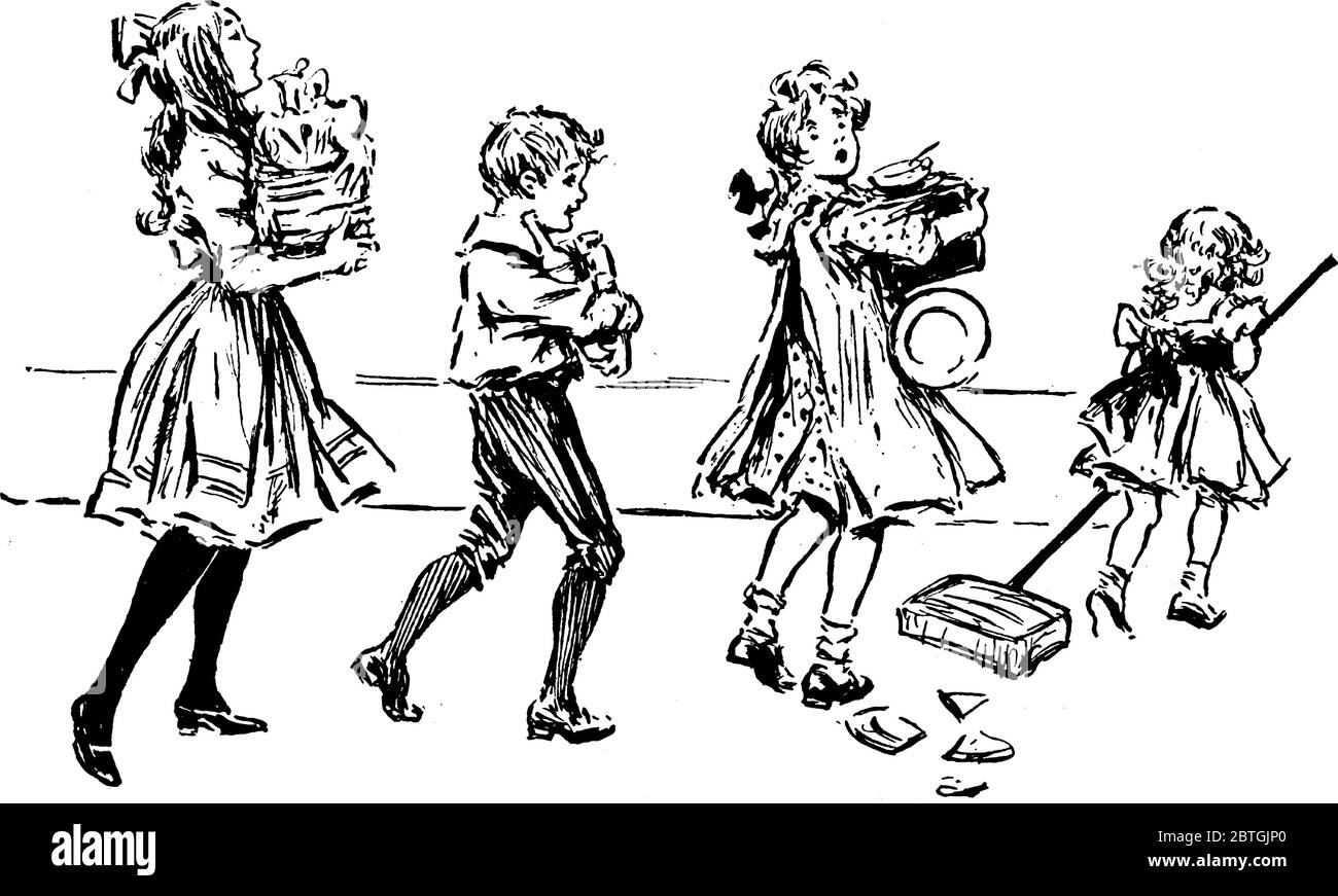 picture showing a group of children cleaning their surrounding, vintage ...