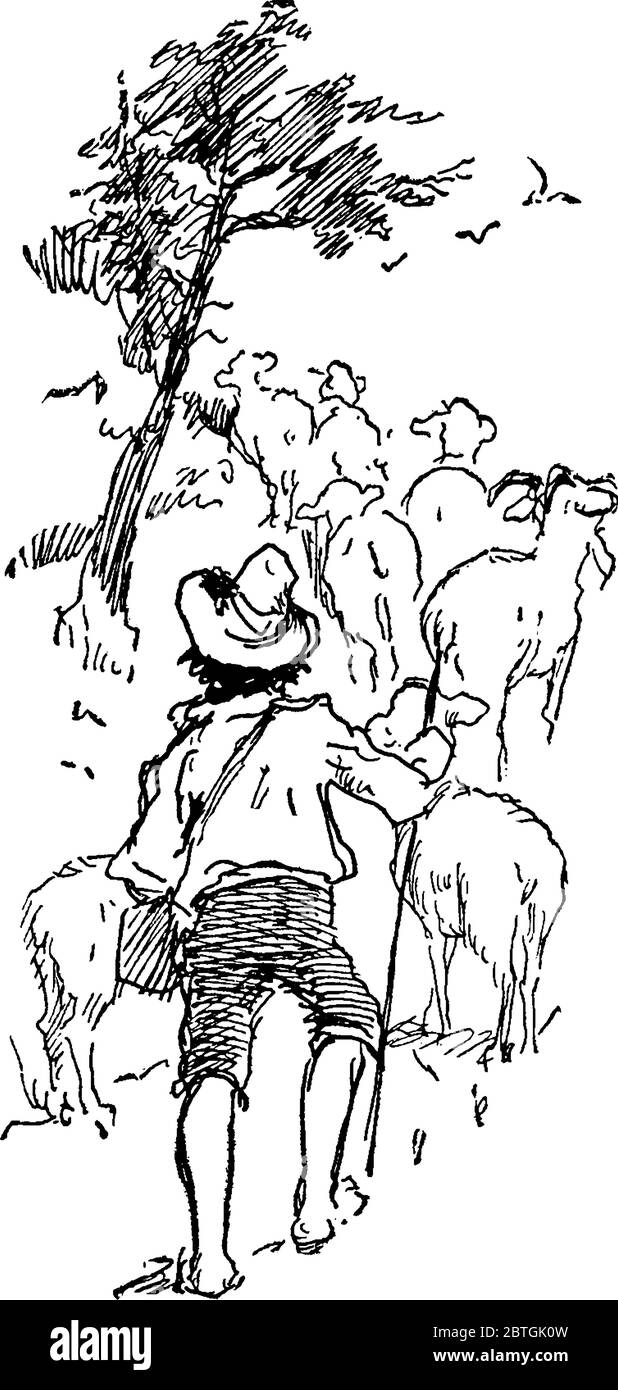 A small boy like a shepherd holding a stick in his hand and herding ...