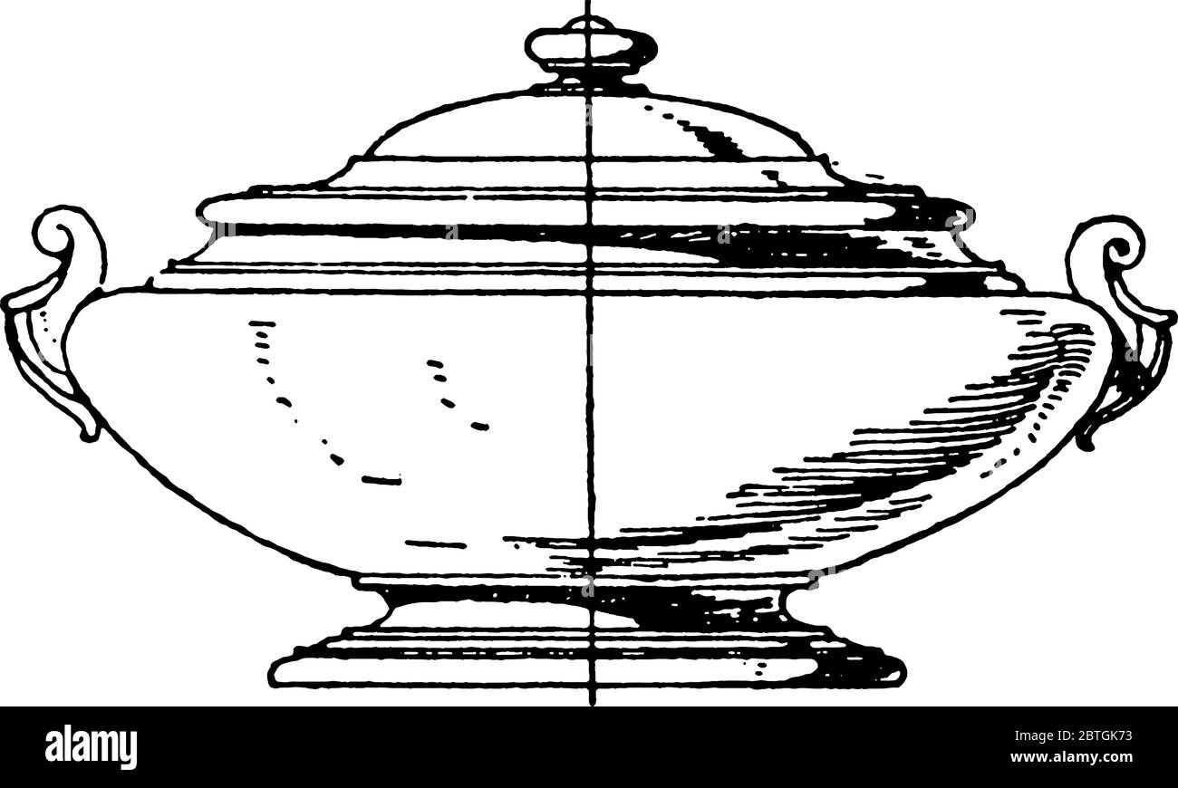 A soup-tureen with a cover, vintage line drawing or engraving ...