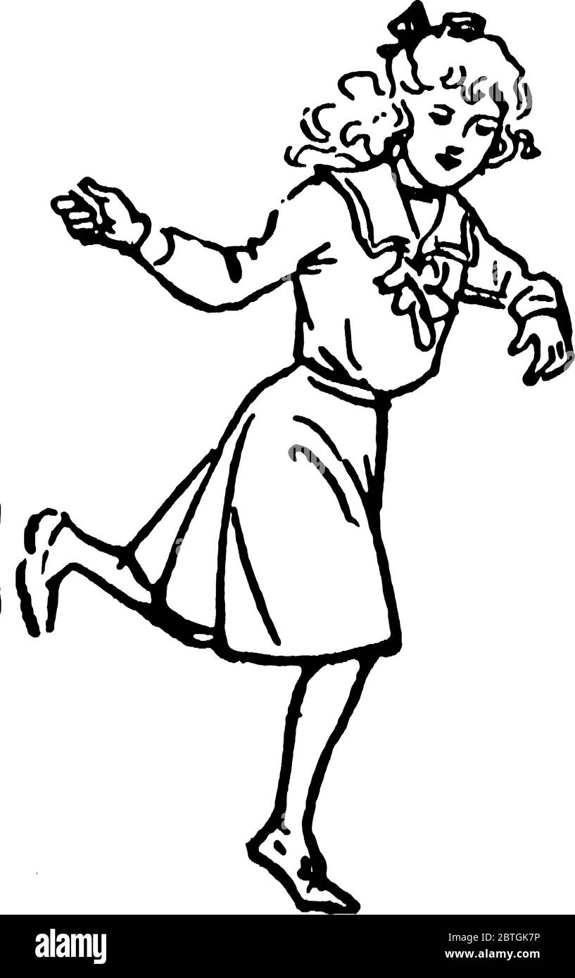 A girl with hat standing in a dancing pose, vintage line drawing or ...