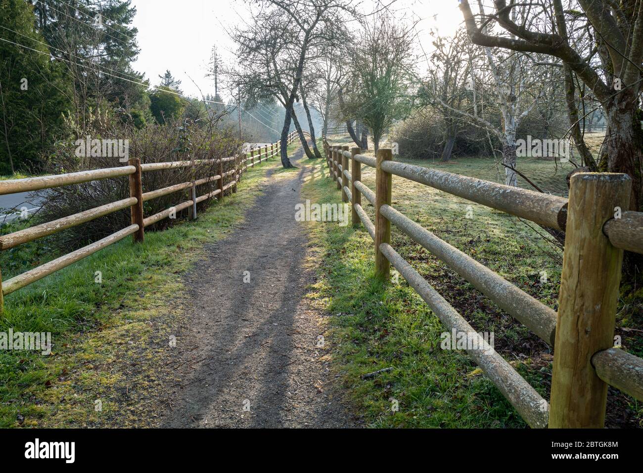A backlit fenced walking path parallels the street Stock Photo - Alamy
