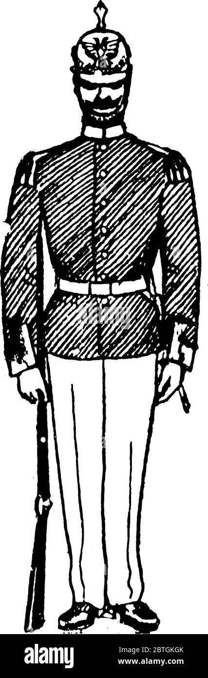 German Soldier is standing in formal uniform during 1901, vintage line ...
