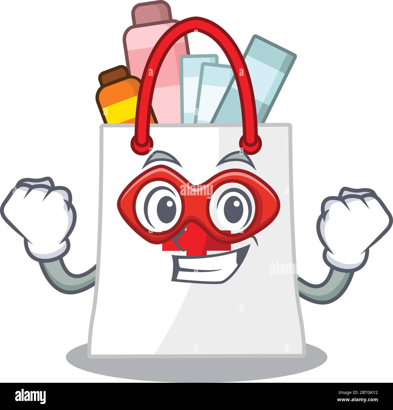 A cartoon drawing of drug shopping bag in a Super hero character Stock ...