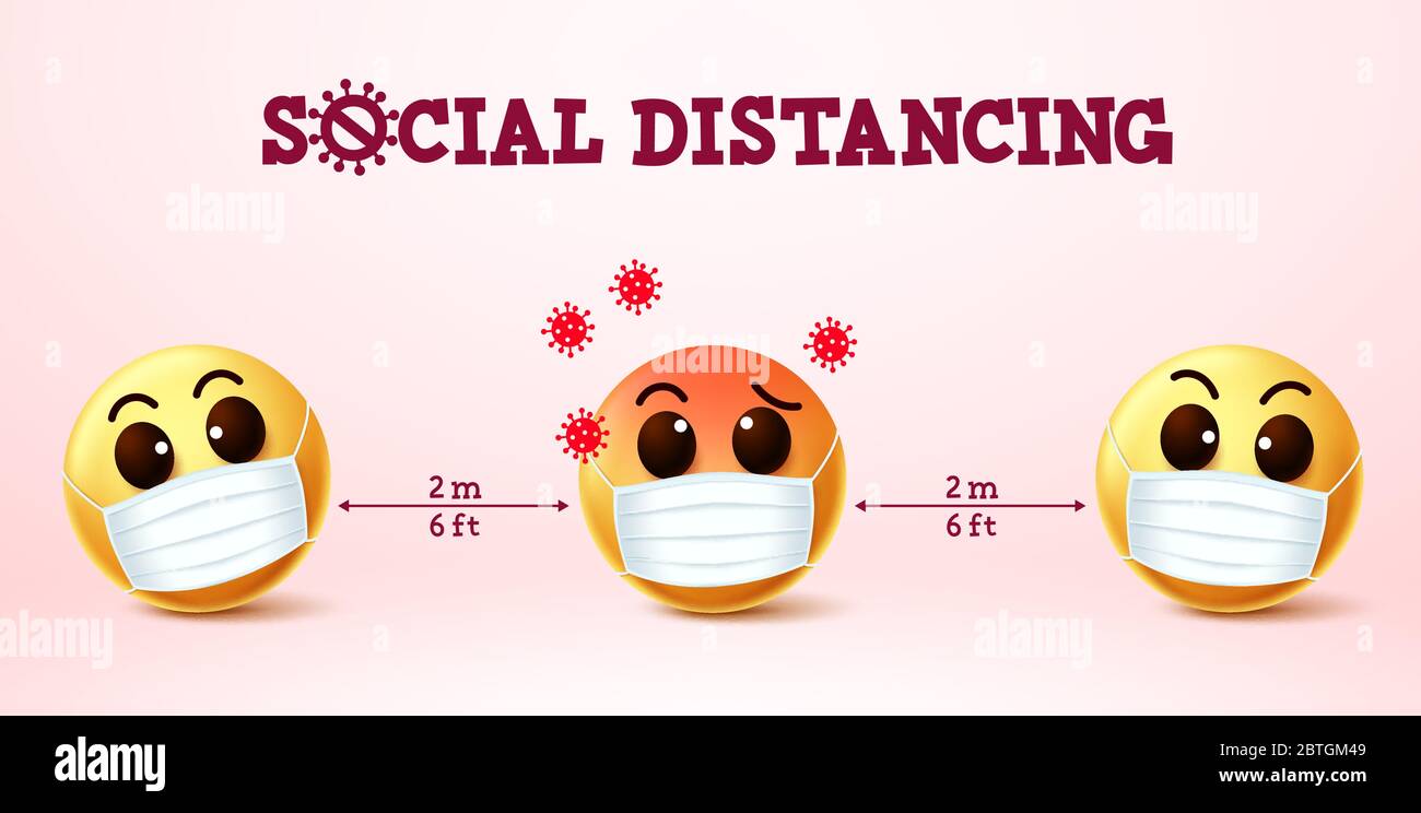 Smiley emoji social distancing vector sign. Social distancing text with ...