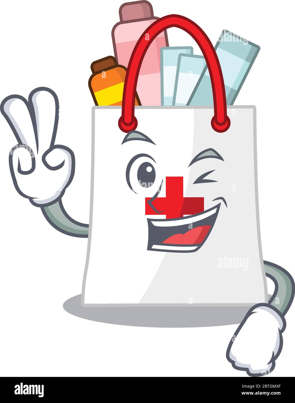 Happy drug shopping bag cartoon design concept show two fingers Stock ...