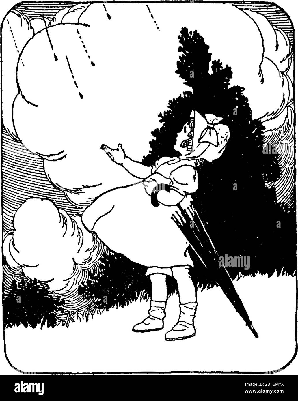 Figure showing a young girl observing raindrops and prepared for the ...