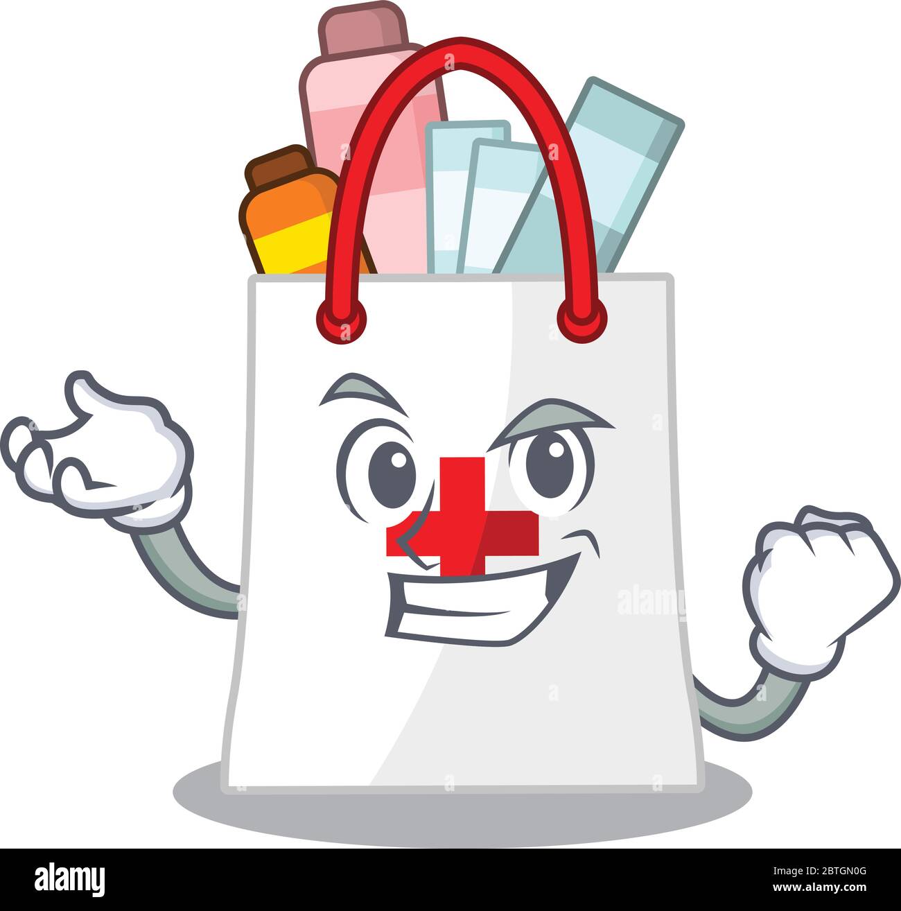 A funny cartoon design concept of drug shopping bag with happy face ...