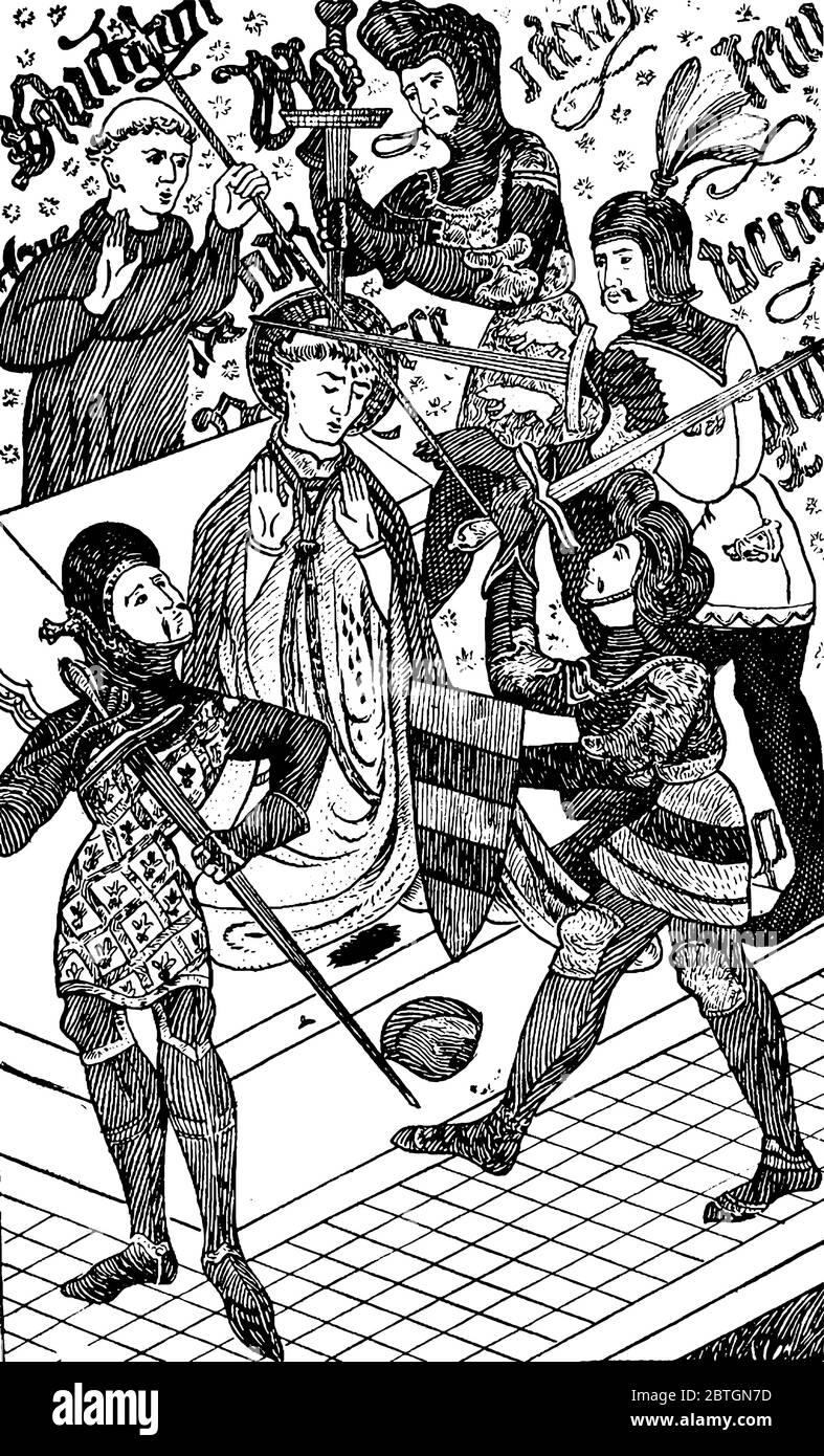 Martyrdom of St. Thomas at Canterbury Cathedral, vintage line drawing ...