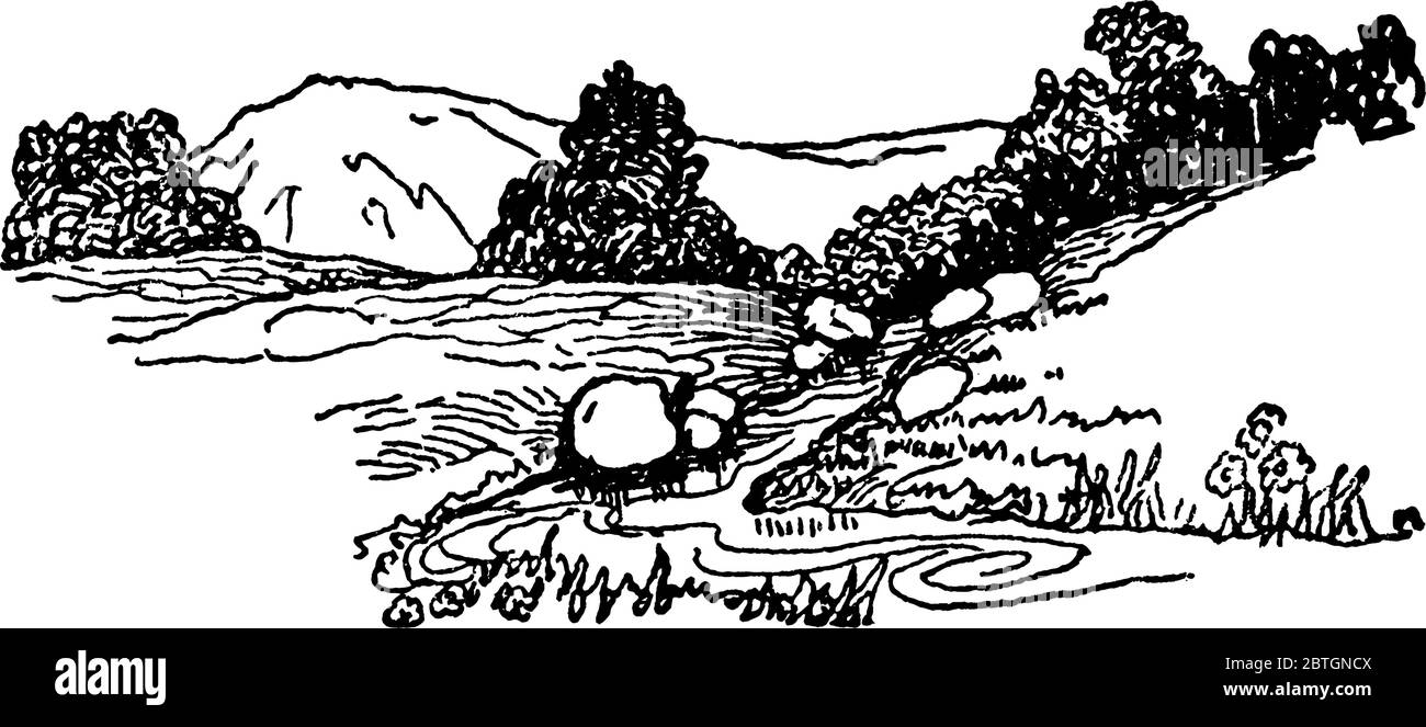 Figure showing small stream running downslope, vintage line drawing or ...