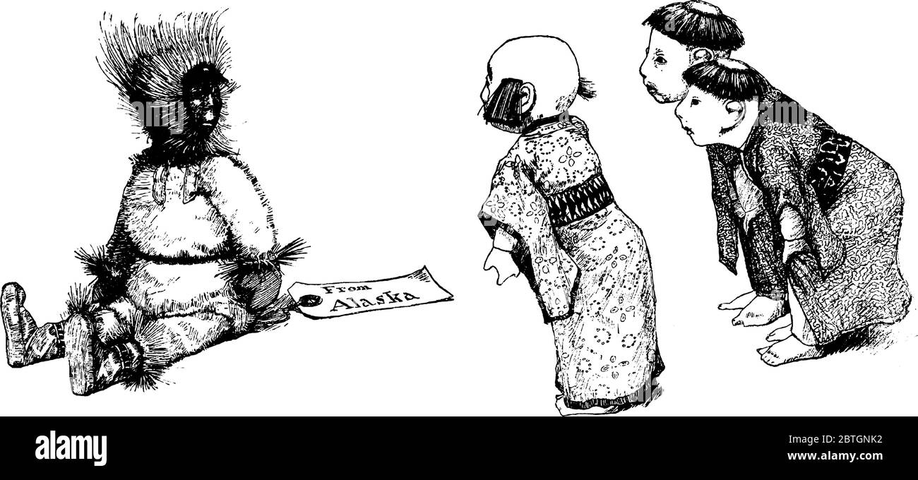 Three small Chinese children, bending and seeing an eskimo, indigenous ...