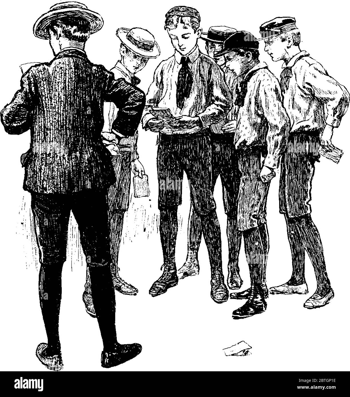 A group of boys with flyers in hand, vintage line drawing or engraving ...
