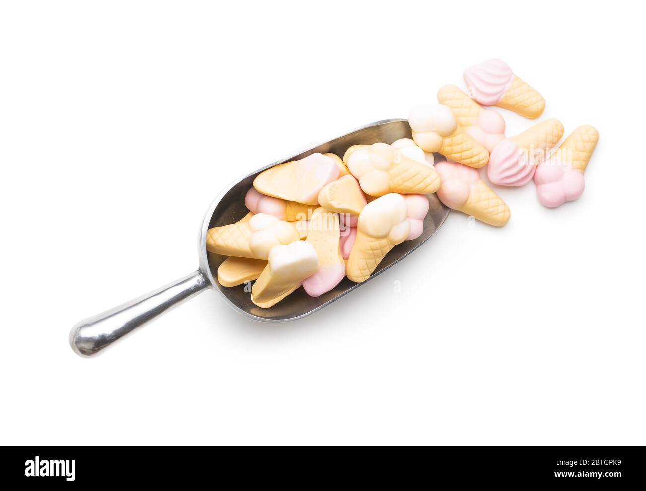 Jelly candy shape ice cream. Gummy bonbons in scoop isolated on white ...