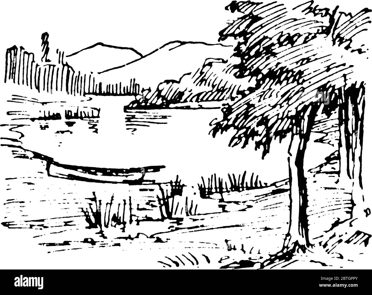 The picture depicts a lake with trees, small shrubs and mountains in ...