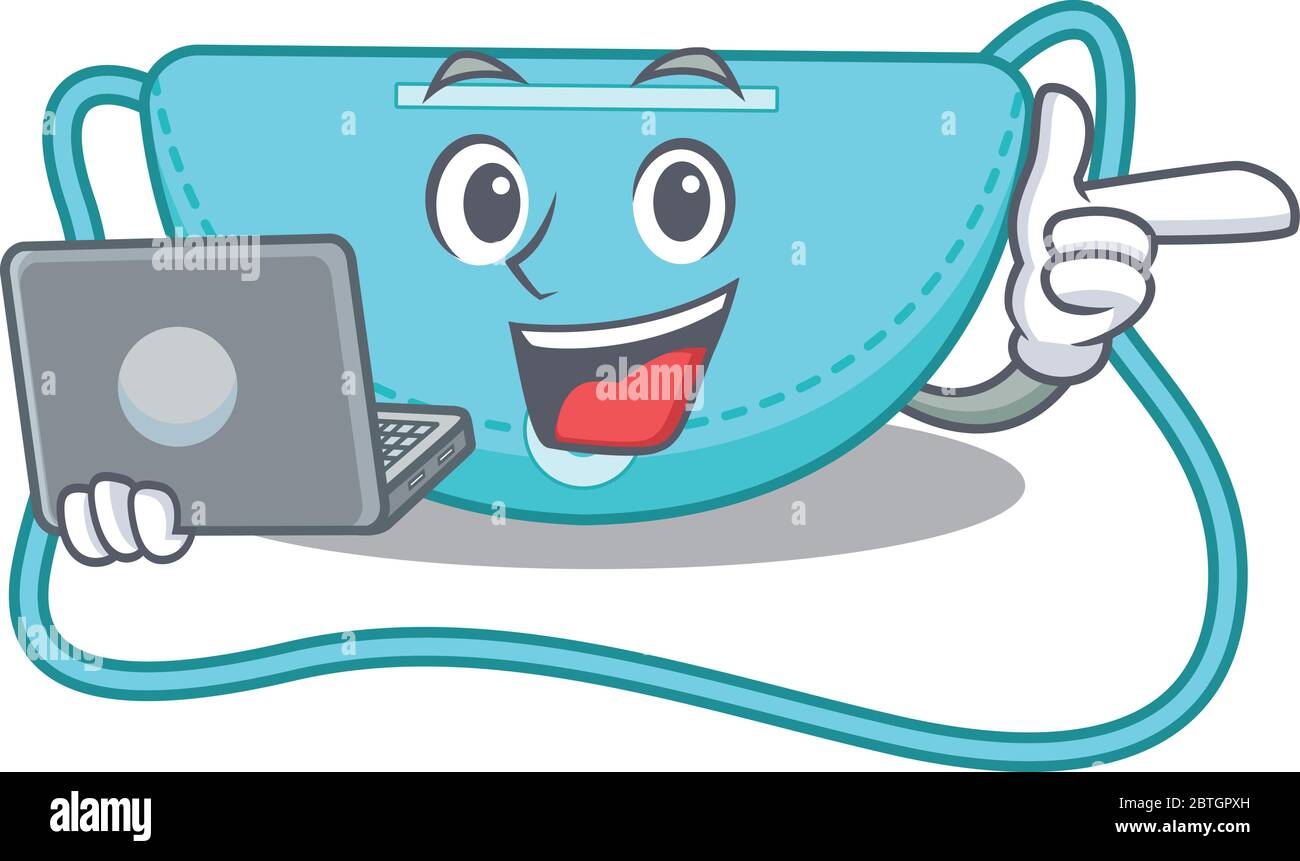 Smart cartoon character of sling bag studying at home with a laptop ...