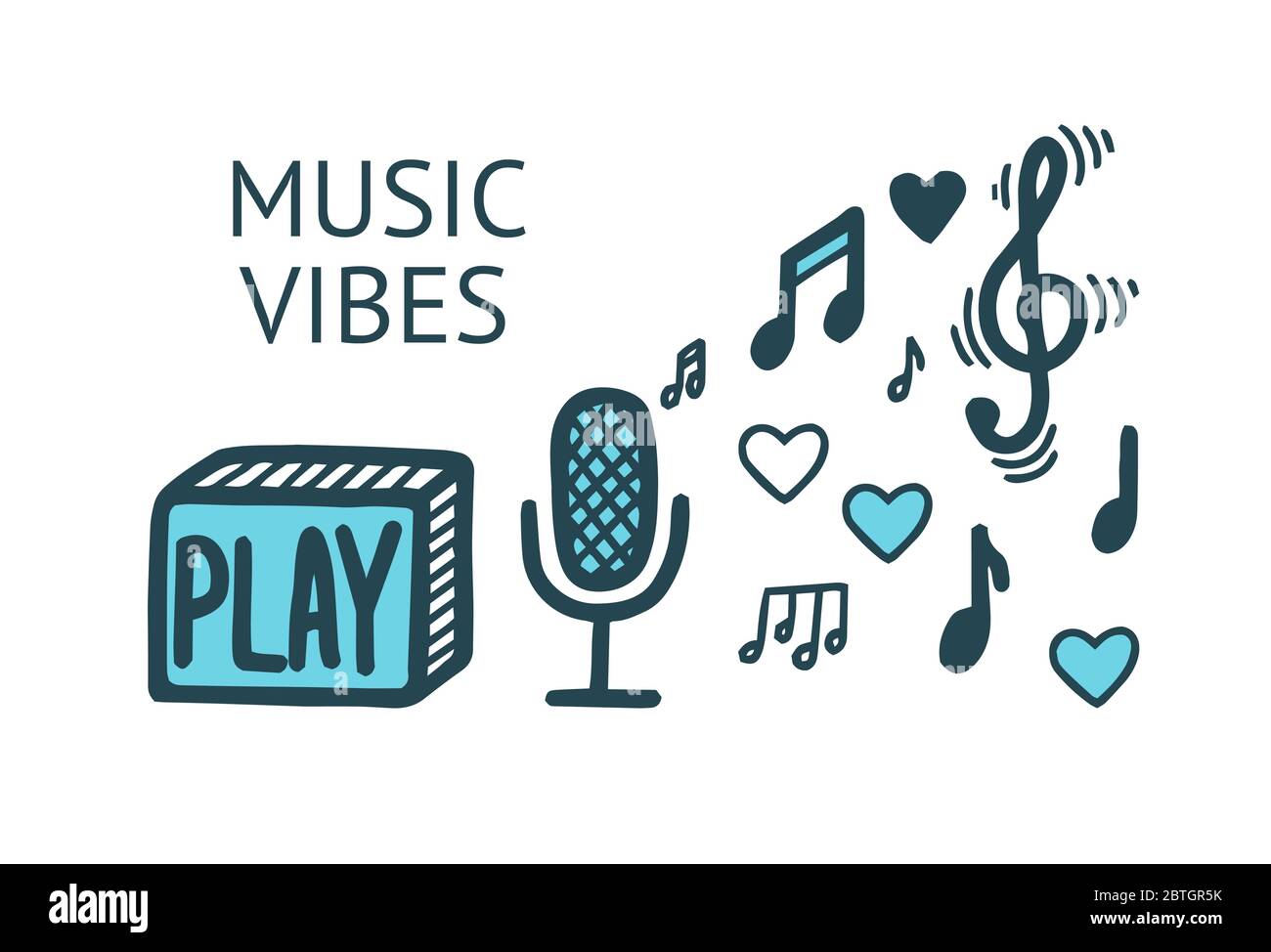 Music vibes elements. Tune, songs, microphone and love. Black and white ...
