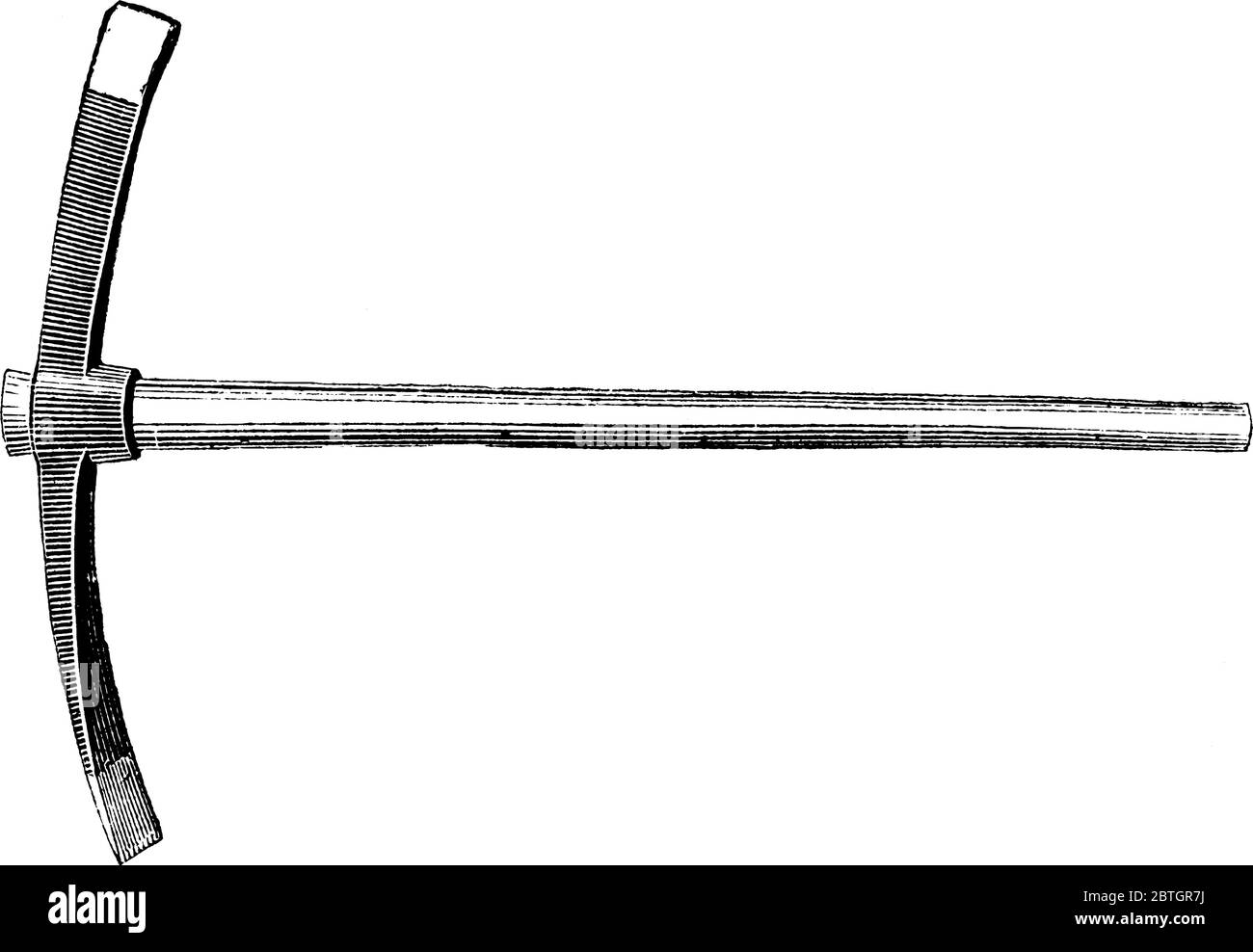 Gardening tool having two sharp edges and a long wooden handle used to ...