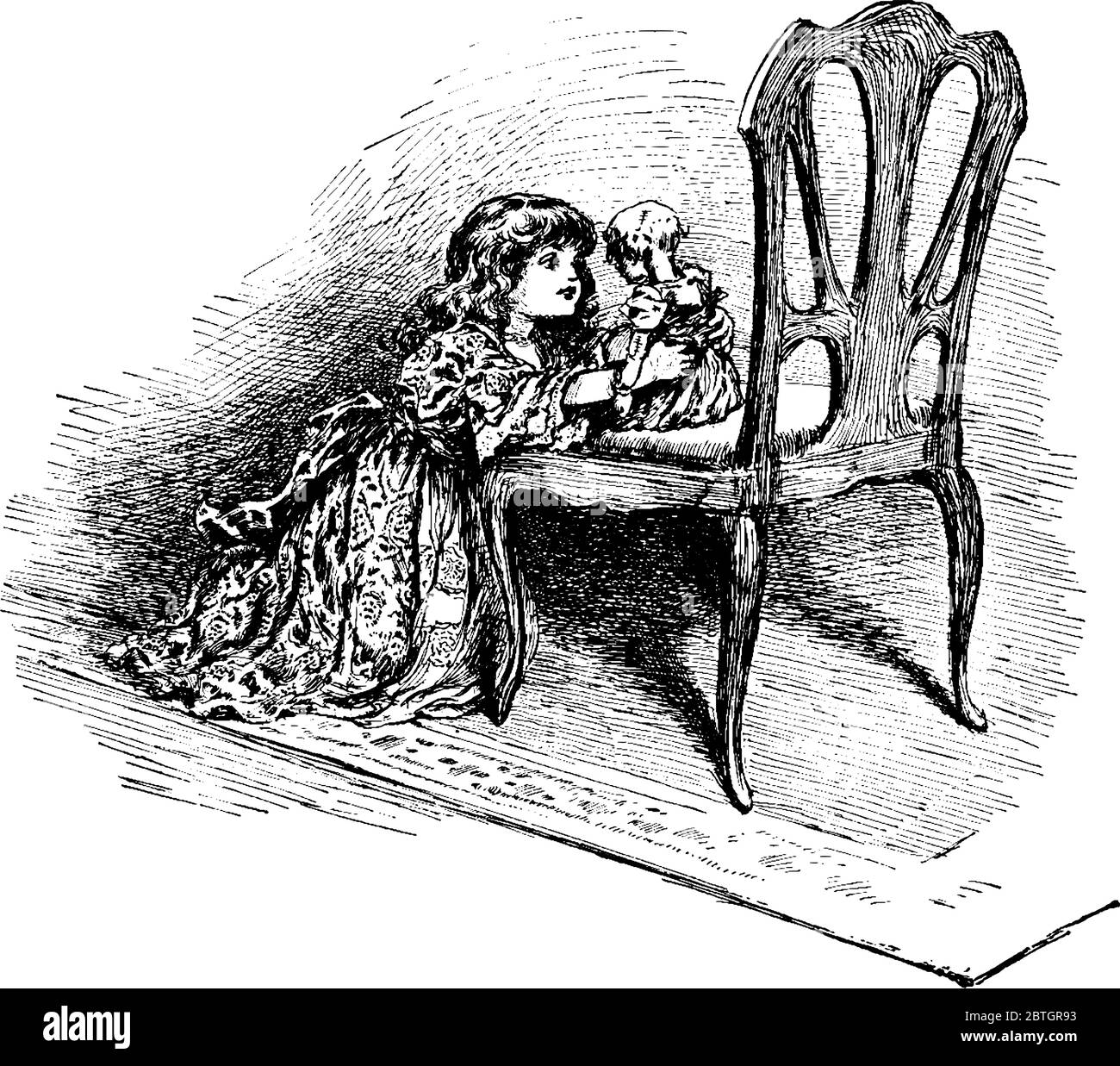 Girls playing with her doll and sitting down on a floor while her doll ...
