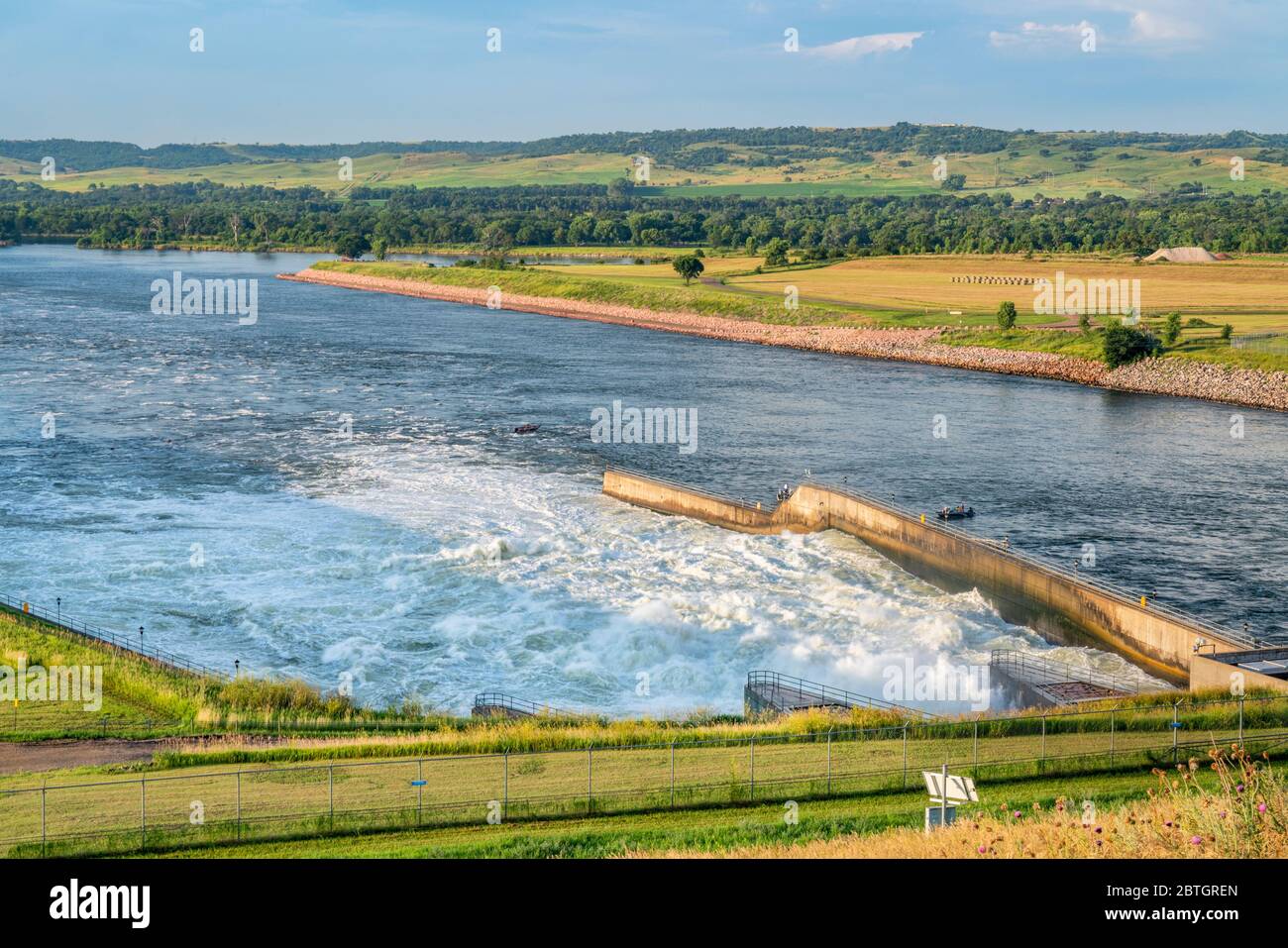 Fort Randall Dam and spillway from hydro power plant on Missouri River ...