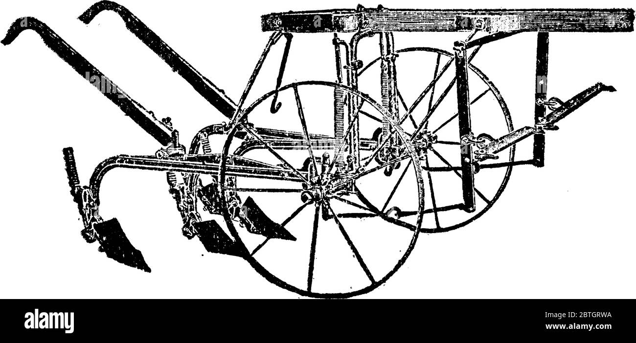 Cultivator with single row four shovel, vintage line drawing or ...