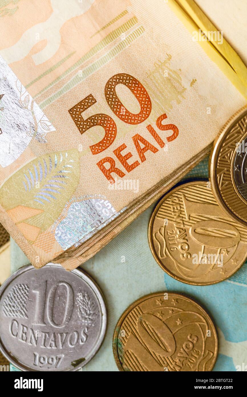 Real currency, money from brazil. Brazilian banknotes and coins ...