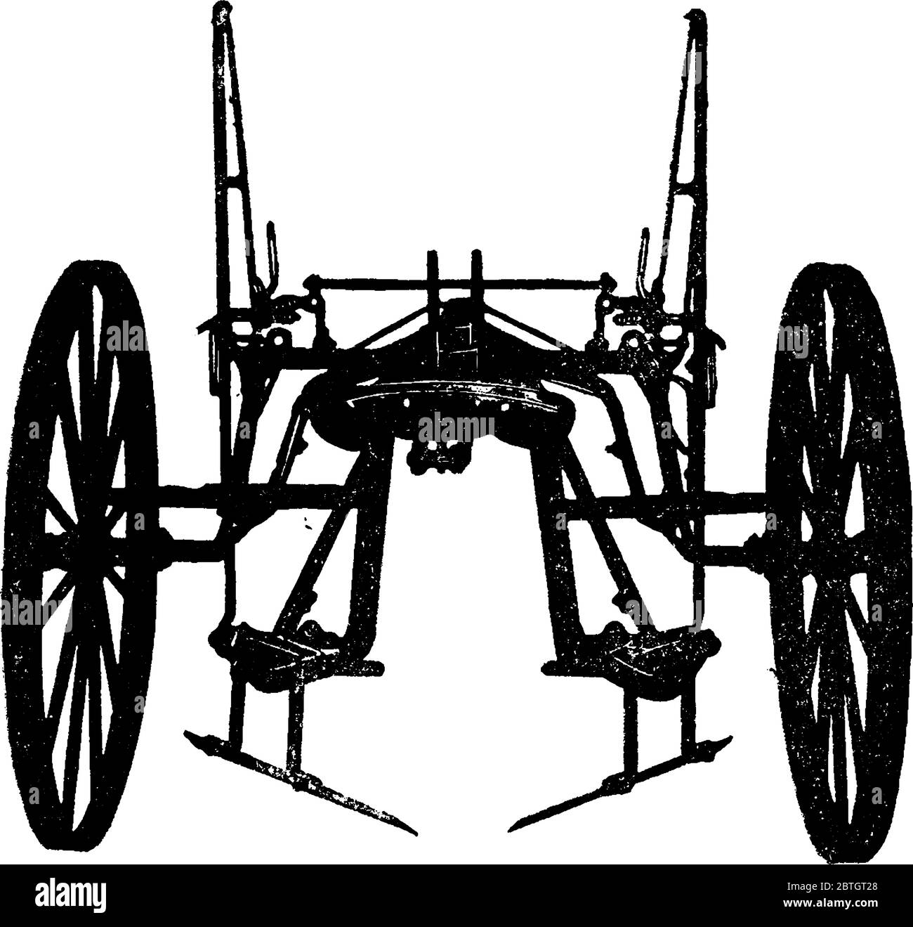 Surface cultivator has two large wheels for moving and two pointed long ...