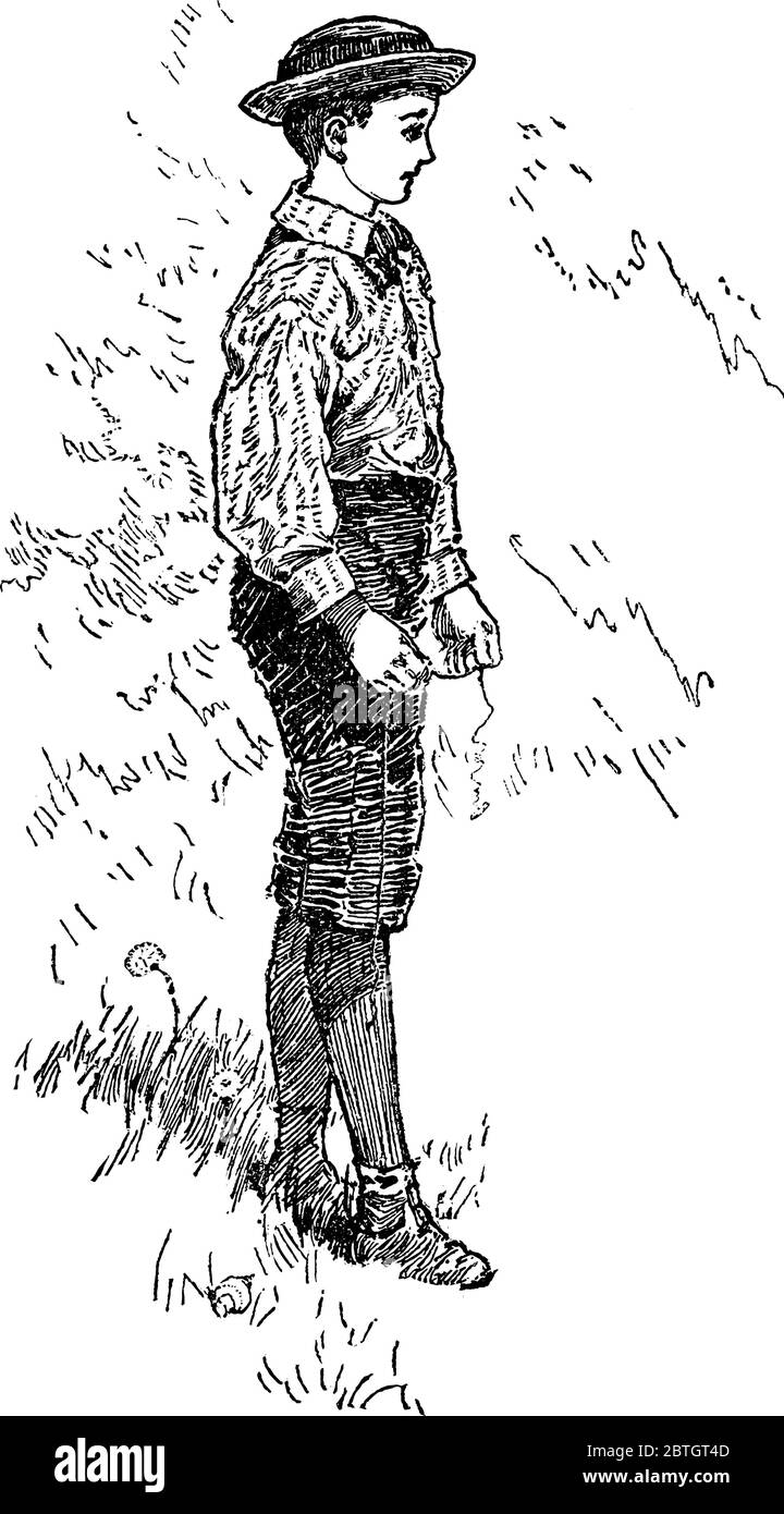 A young boy standing and wearing a round hat, vintage line drawing or ...