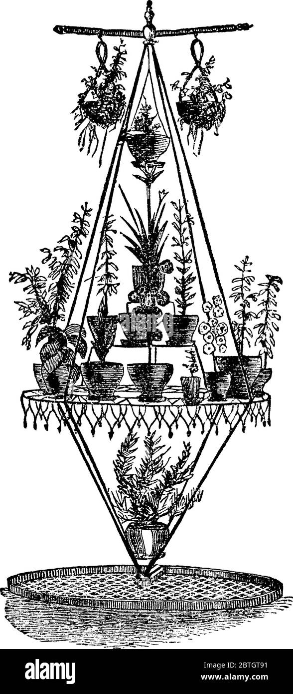 Revolving Plant Stand made of wire, vintage line drawing or engraving ...