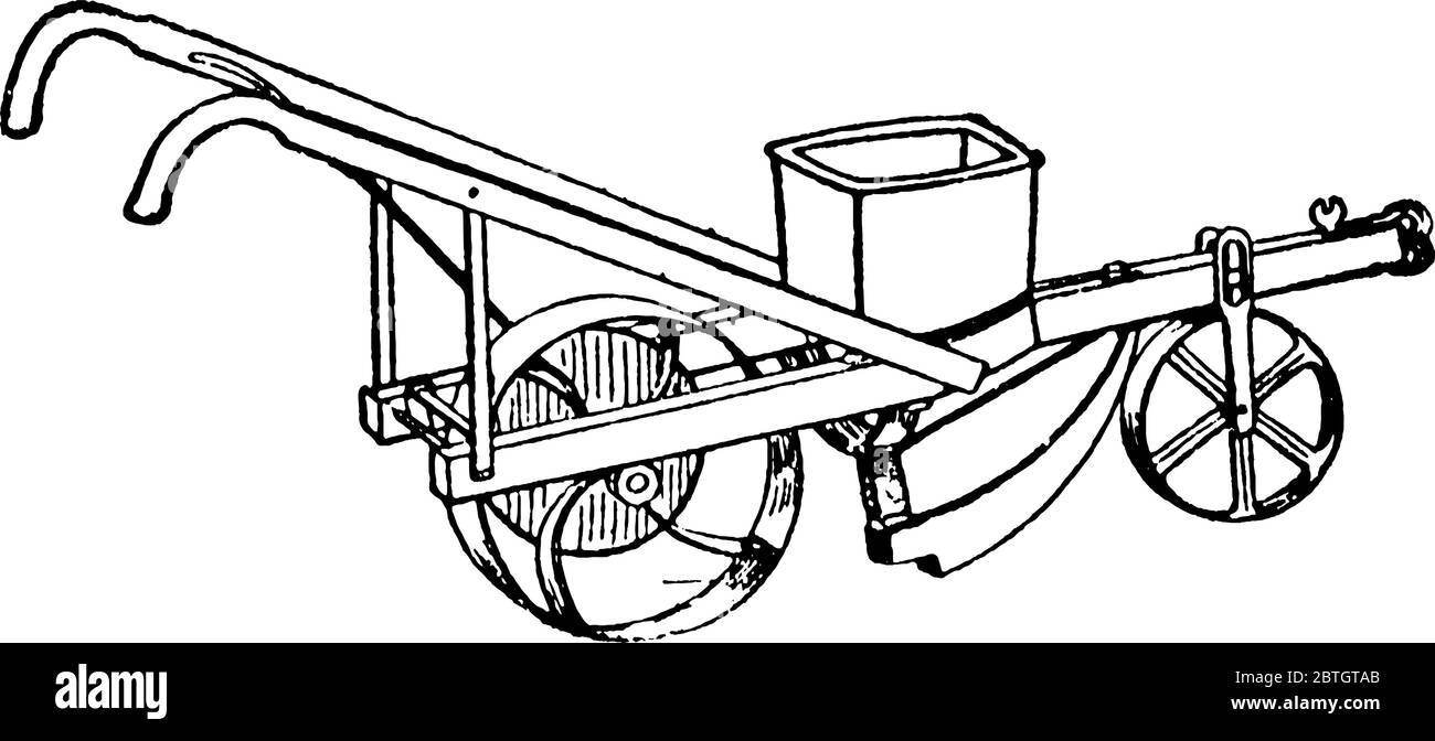 A Fertilizer distributor having 2 wheels and a basket in mid of it ...