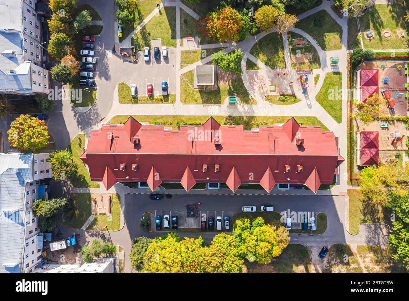 modern residential area. top down view on roofs of apartment buildings ...