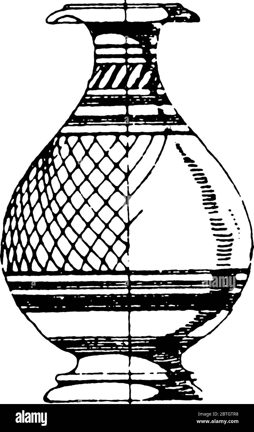 A small vessel with a painted clay design, vintage line drawing or ...